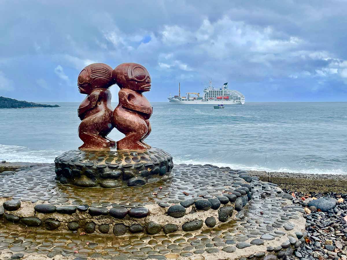 Aranui 5 in Omoa Bay, Fatu Hiva - TravelWorld International Magazine